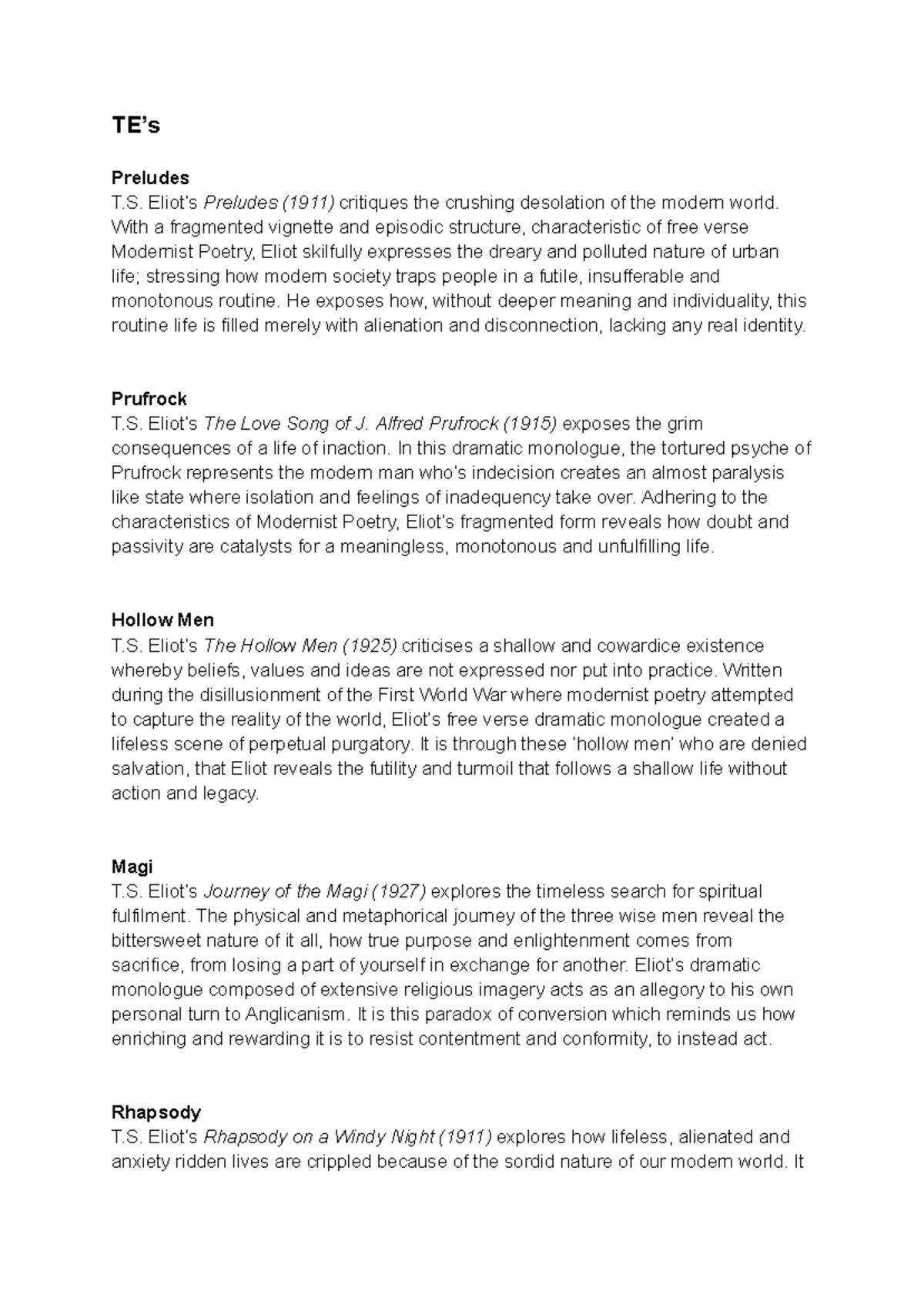 1. TE s Eliot - TE’s Preludes T. Eliot’s Preludes (1911) critiques the ...