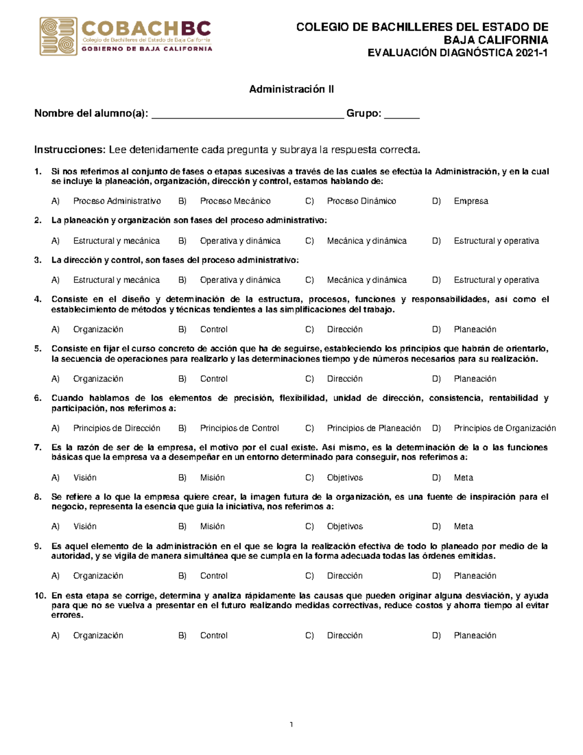Administracion 2 - Examen diagnóstico - COLEGIO DE BACHILLERES DEL ...