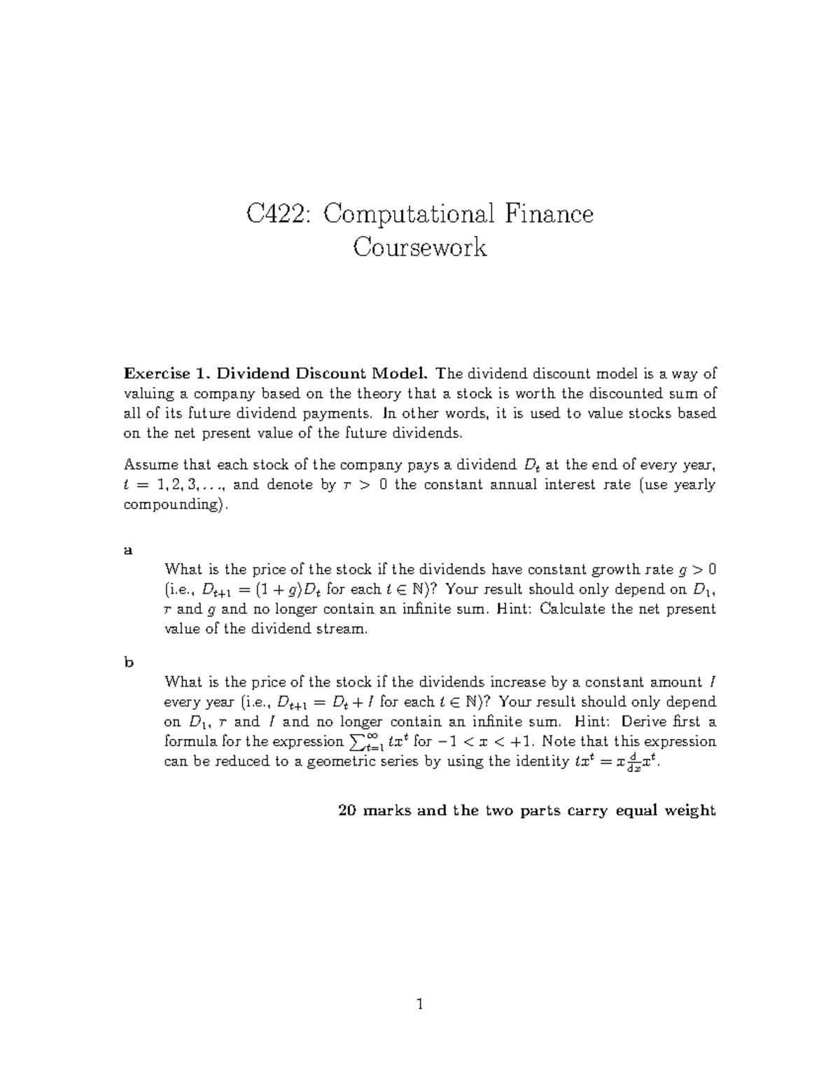2021 Coursework Assignment C422 Computational Finance Coursework Exercise 1 Dividend