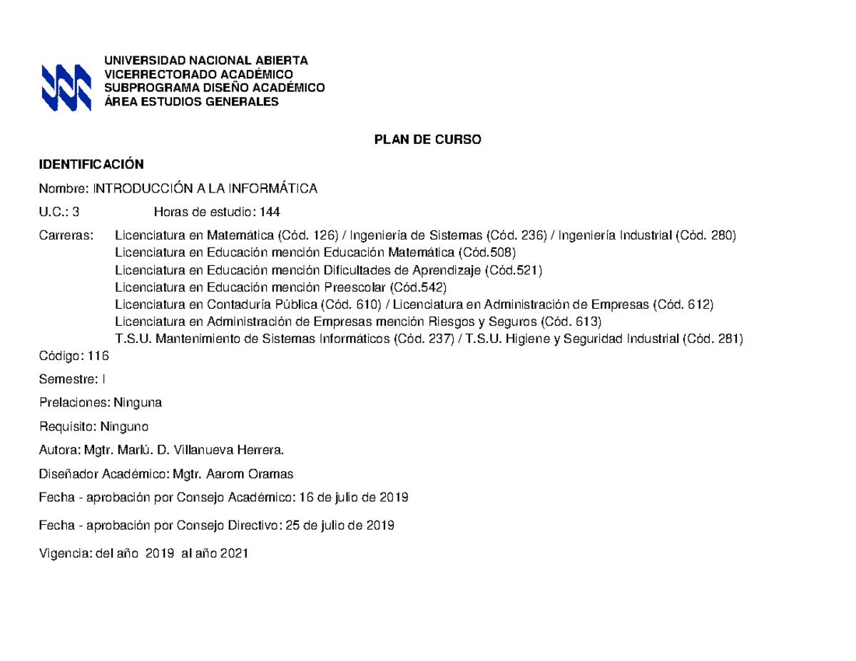 116 pc 2019-2 - PC 116 - UNIVERSIDAD NACIONAL ABIERTA VICERRECTORADO ...