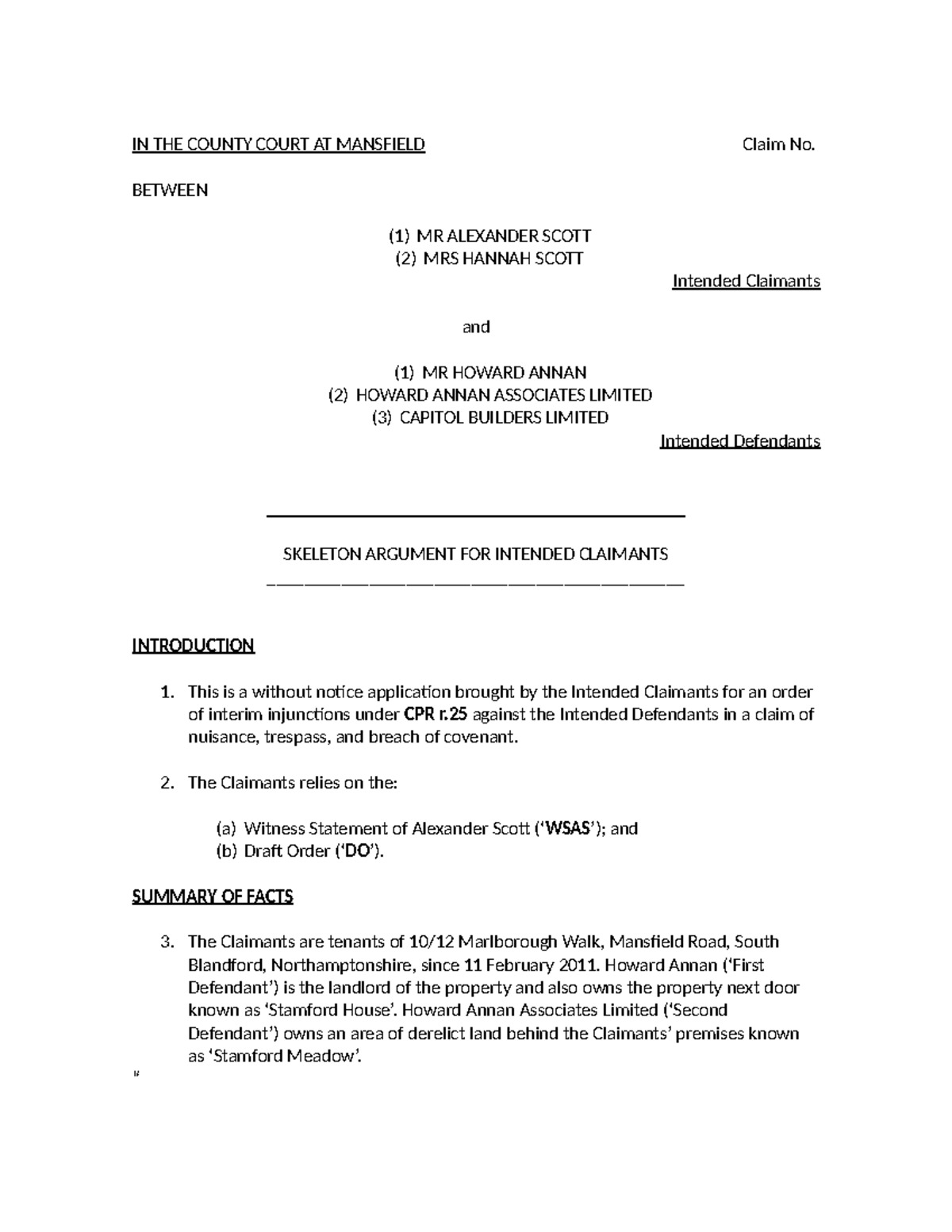 Interim Injunction Scott - IN THE COUNTY COURT AT MANSFIELD Claim No ...