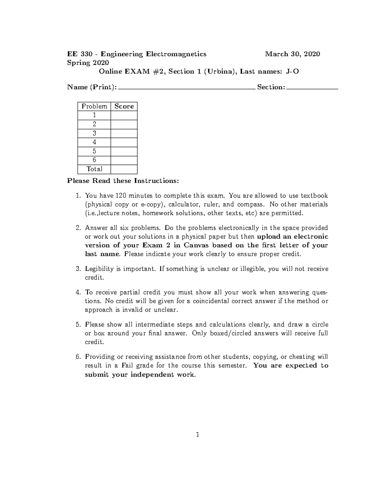 Exam_II_EE330_SP20_2 (1) - EE 330 - Engineering Electromagnetics March ...