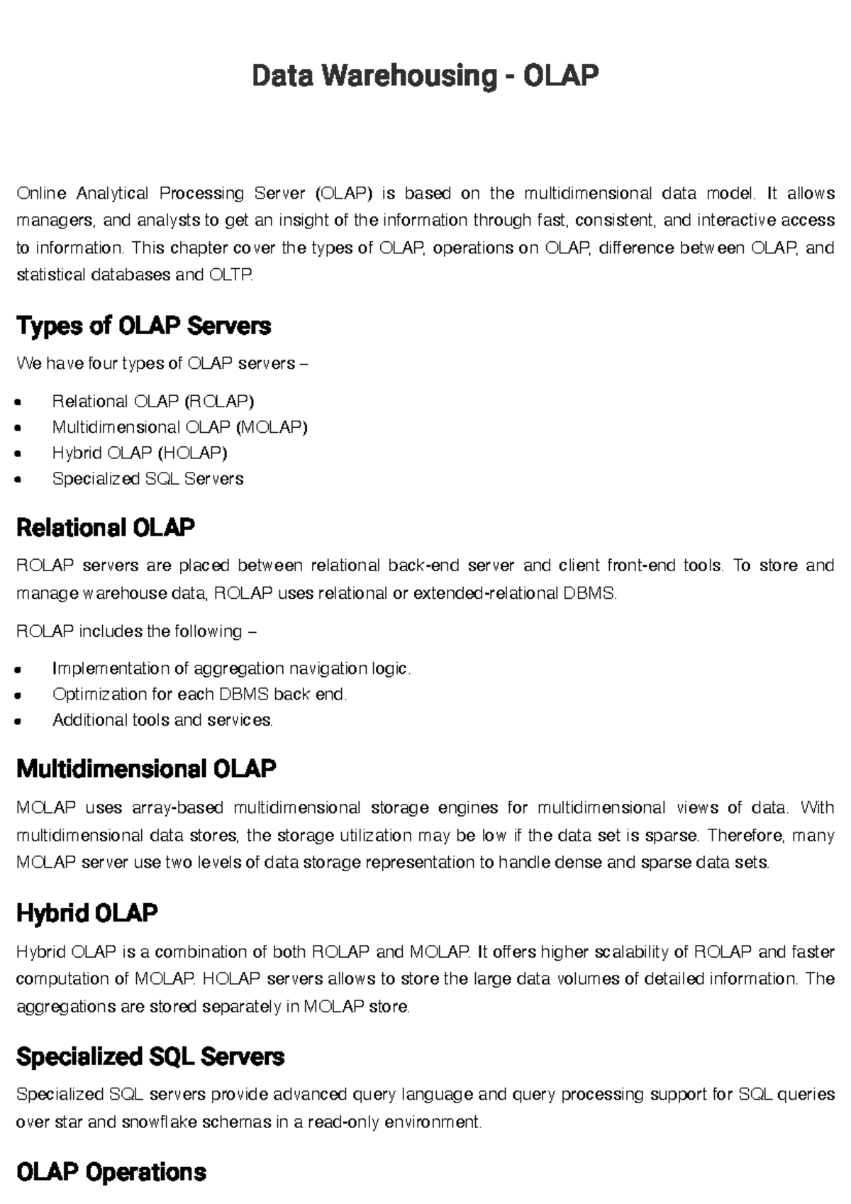 Data Warehousing - OLAP - Data Warehousing - OLAP Online Analytical ...