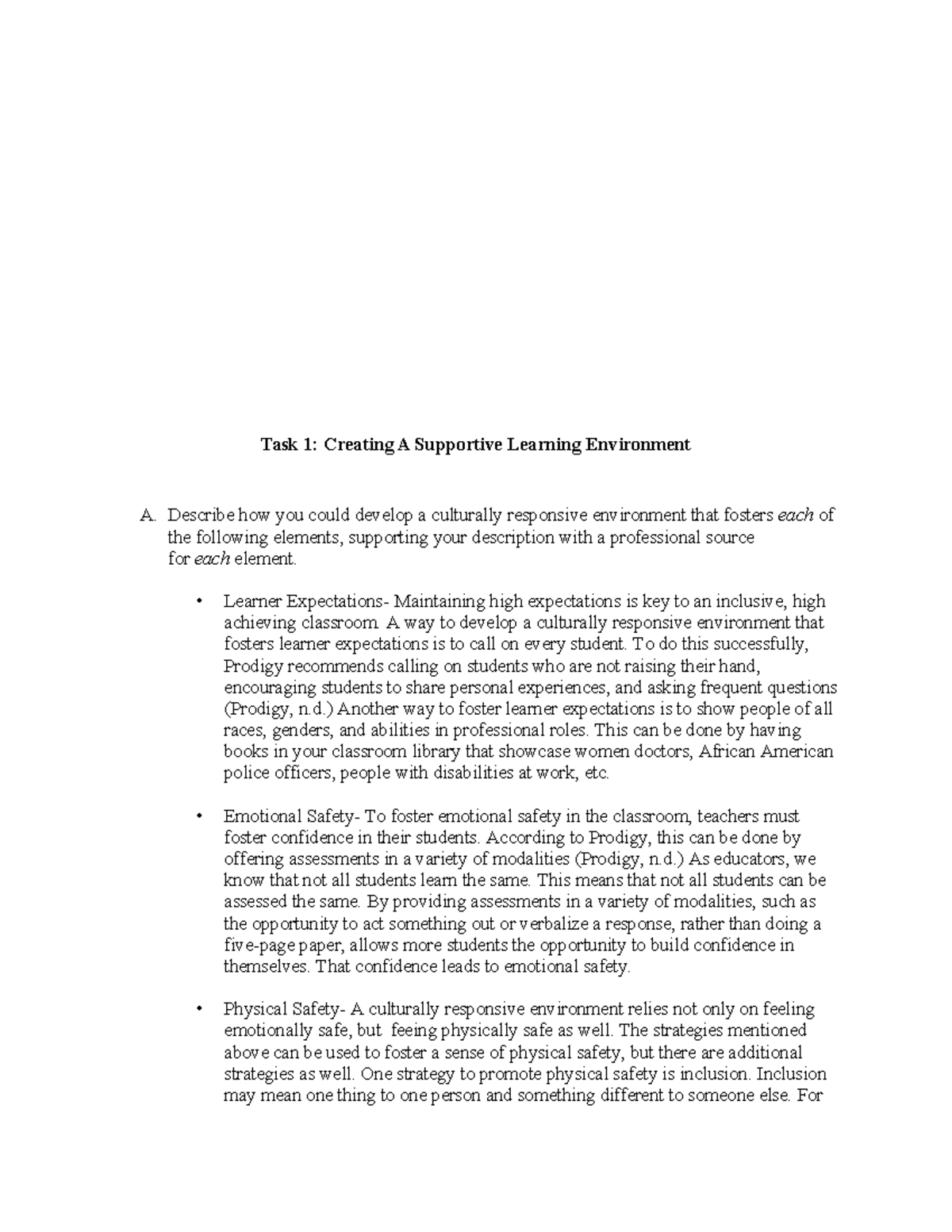 Task 1: Creating A Supportive Learning Environment - Describe how you ...