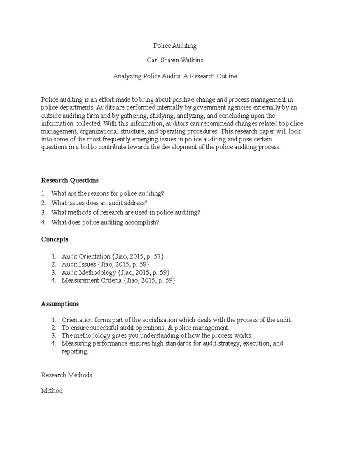 Watkins Research Outline - Police Auditing Carl Shawn Watkins Analyzing ...