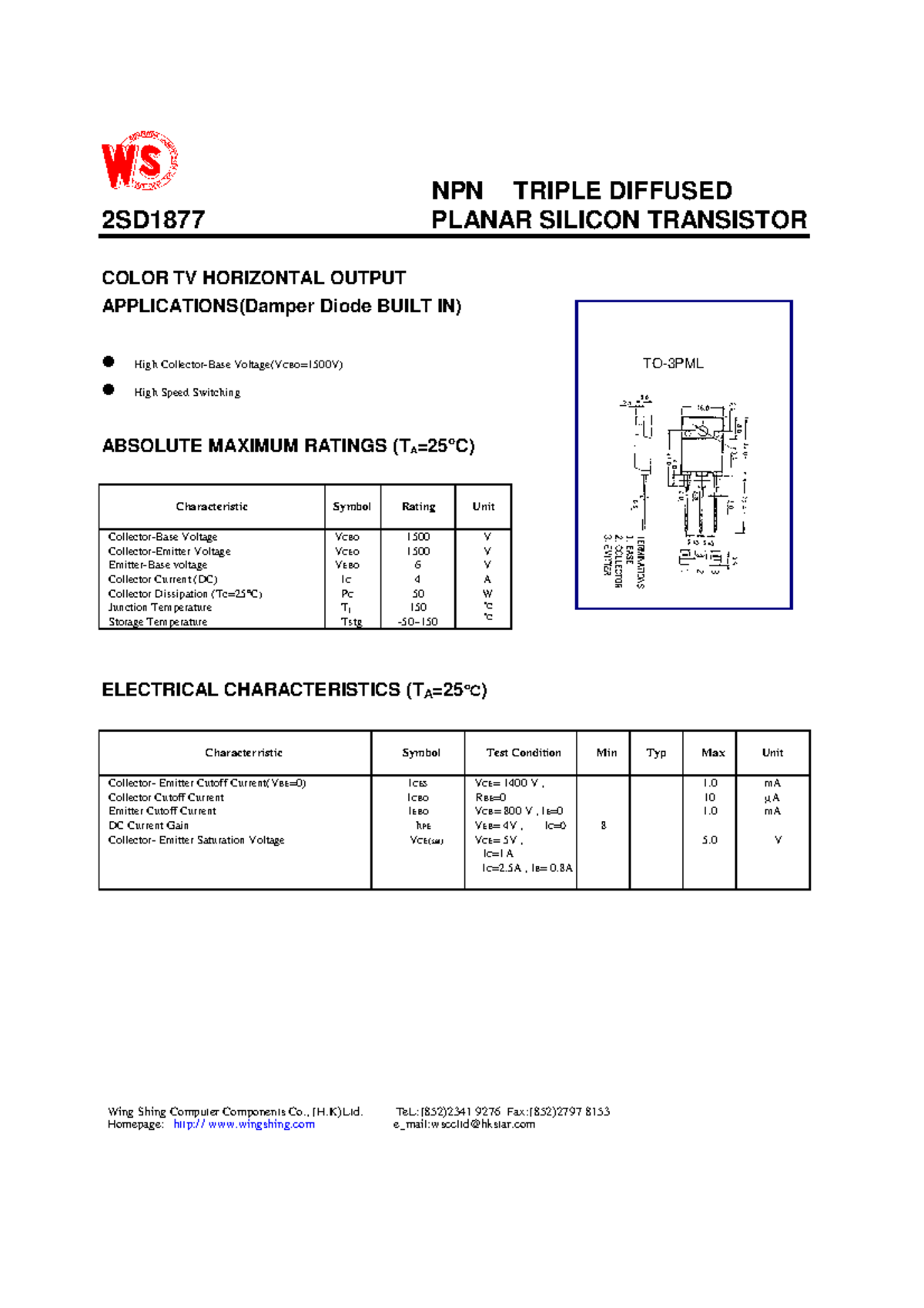 2SD1877 - Datasheets for certain Electronic parts - NPN TRIPLE DIFFUSED ...