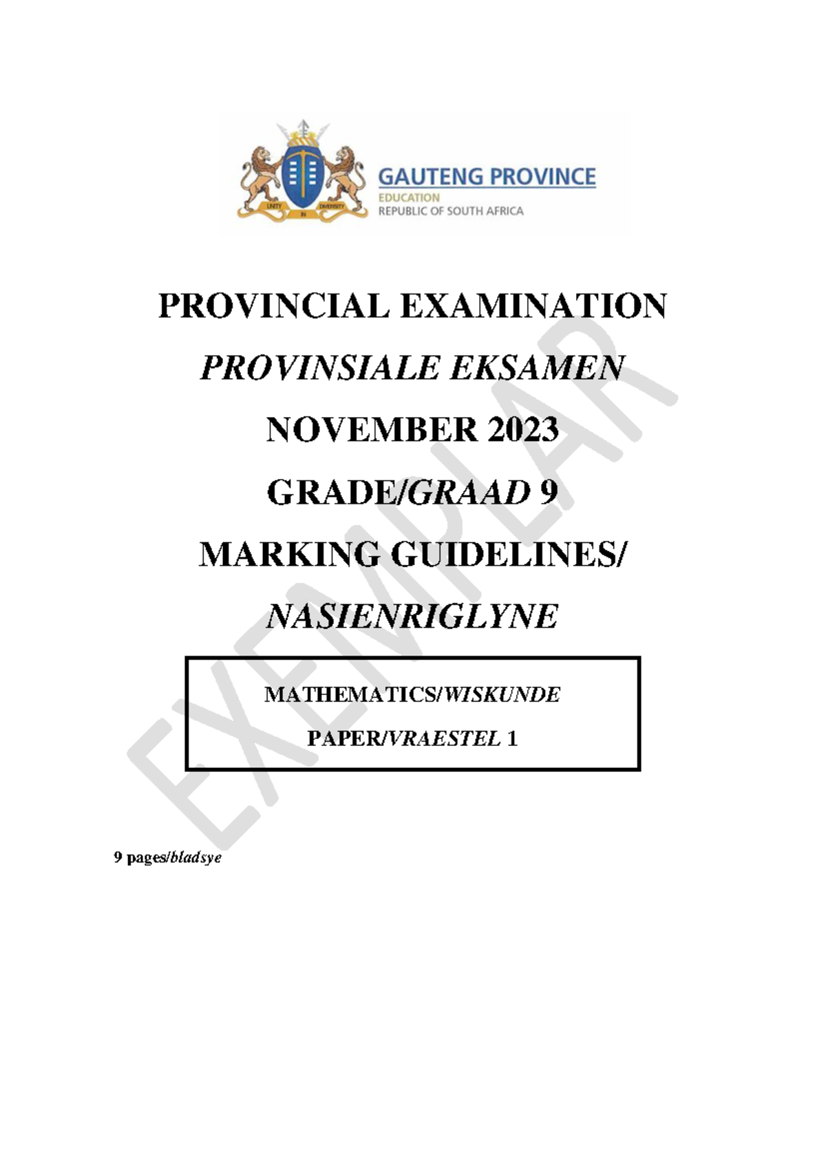 Gr 9 Mathematics P1 (Eng & Afr) 2023 Possible Answers - PROVINCIAL ...