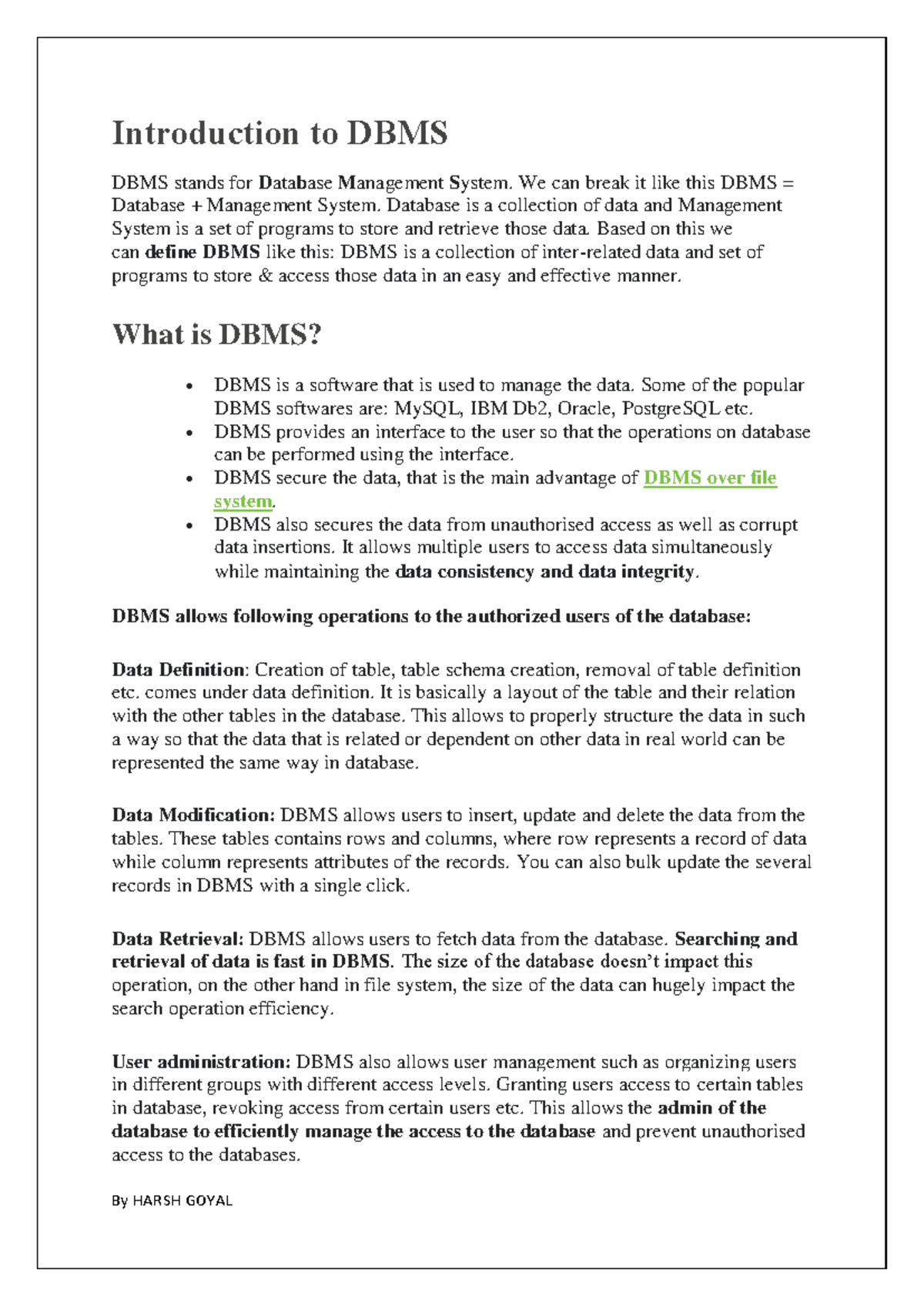 DBMS Notes BY HG - Introduction to DBMS DBMS stands for Database ...