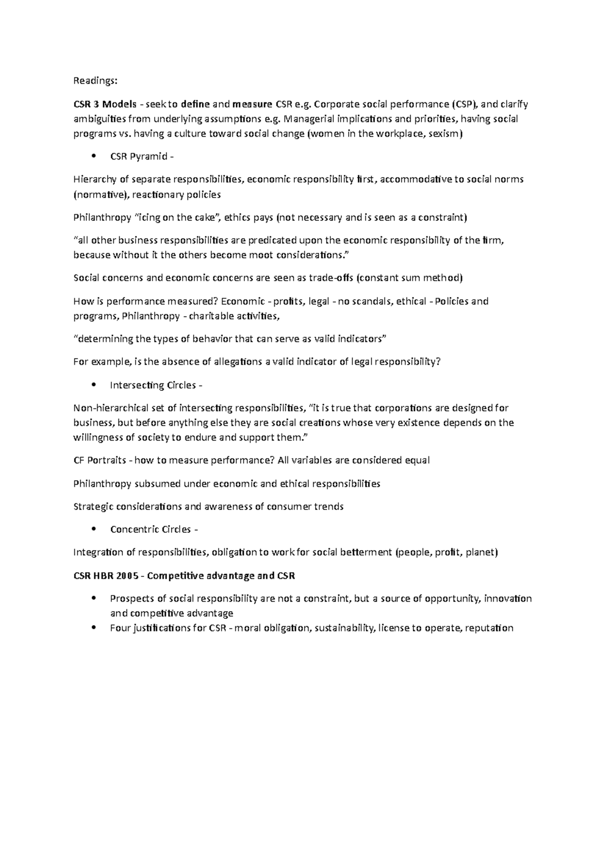 Lecture 4 Reading Summaries Readings Csr 3 Models Seek To Define And Measure Csr E