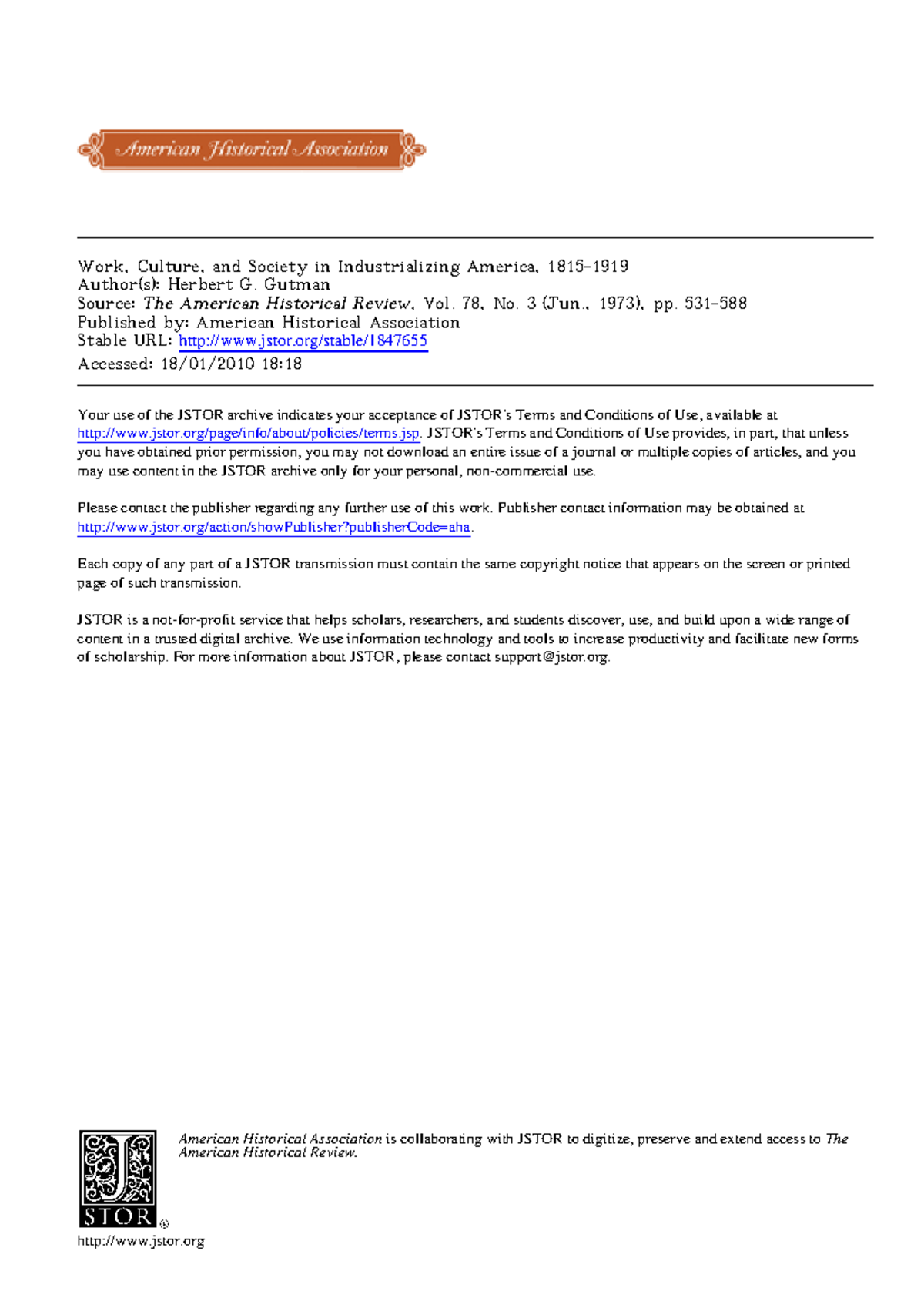 Gutman Work Culture Society - Work, Culture, and Society in ...