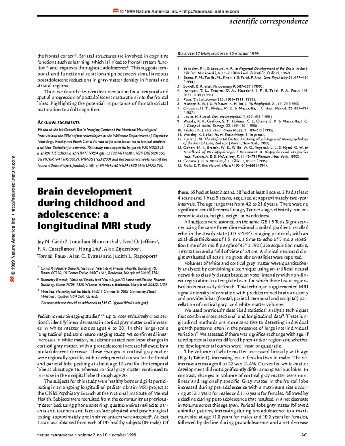 Nn1099 861 - yeet - nature neuroscience • volume 2 no 10 • october 1999 ...