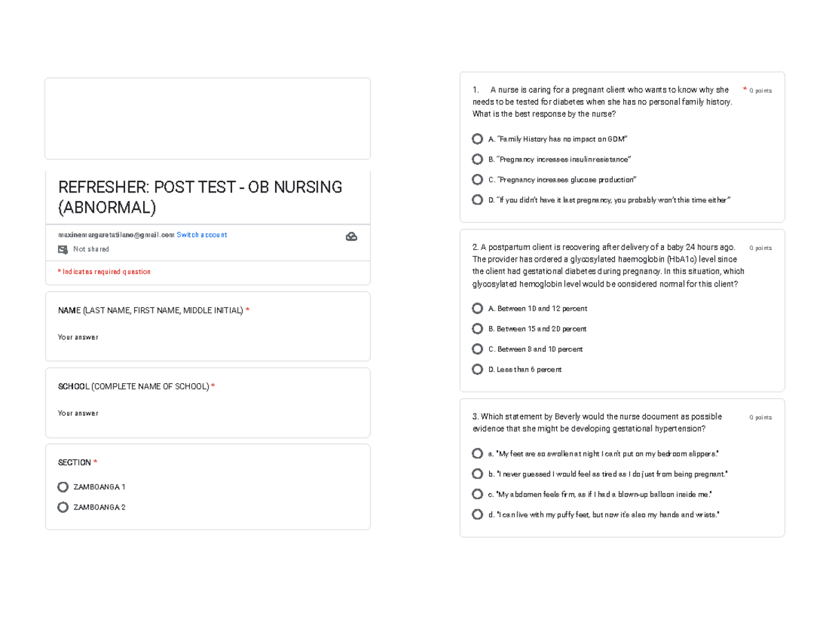 Refresher POST TEST - OB Nursing ( Abnormal) - ZAMBOANGA 1 ZAMBOANGA 2 ...