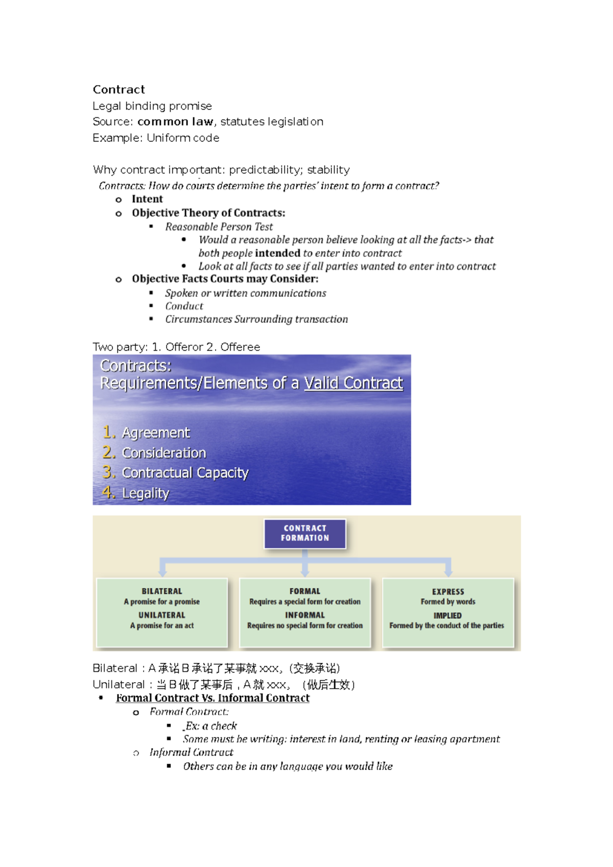 Blaw exam2 - notes - Contract Legal binding promise Source: common law ...