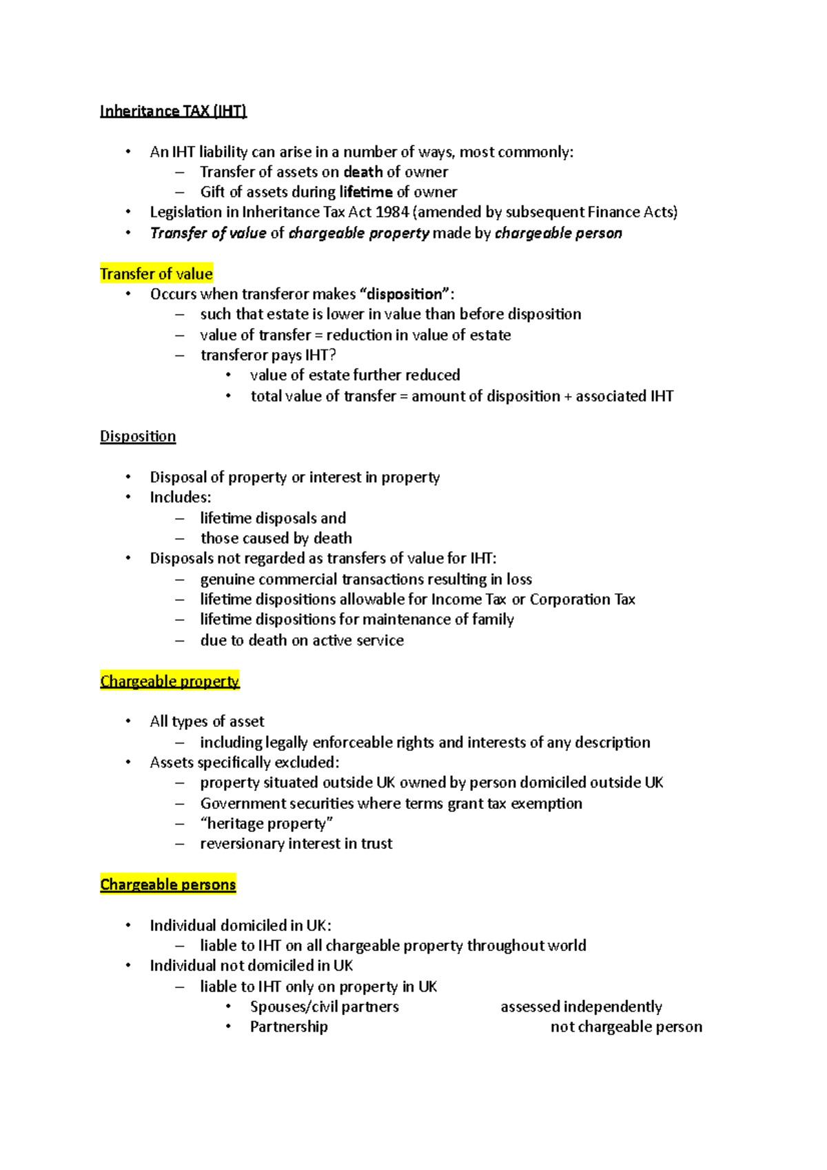 Taxation 10 - Lecture notes 10 - Inheritance TAX (IHT) An IHT liability ...