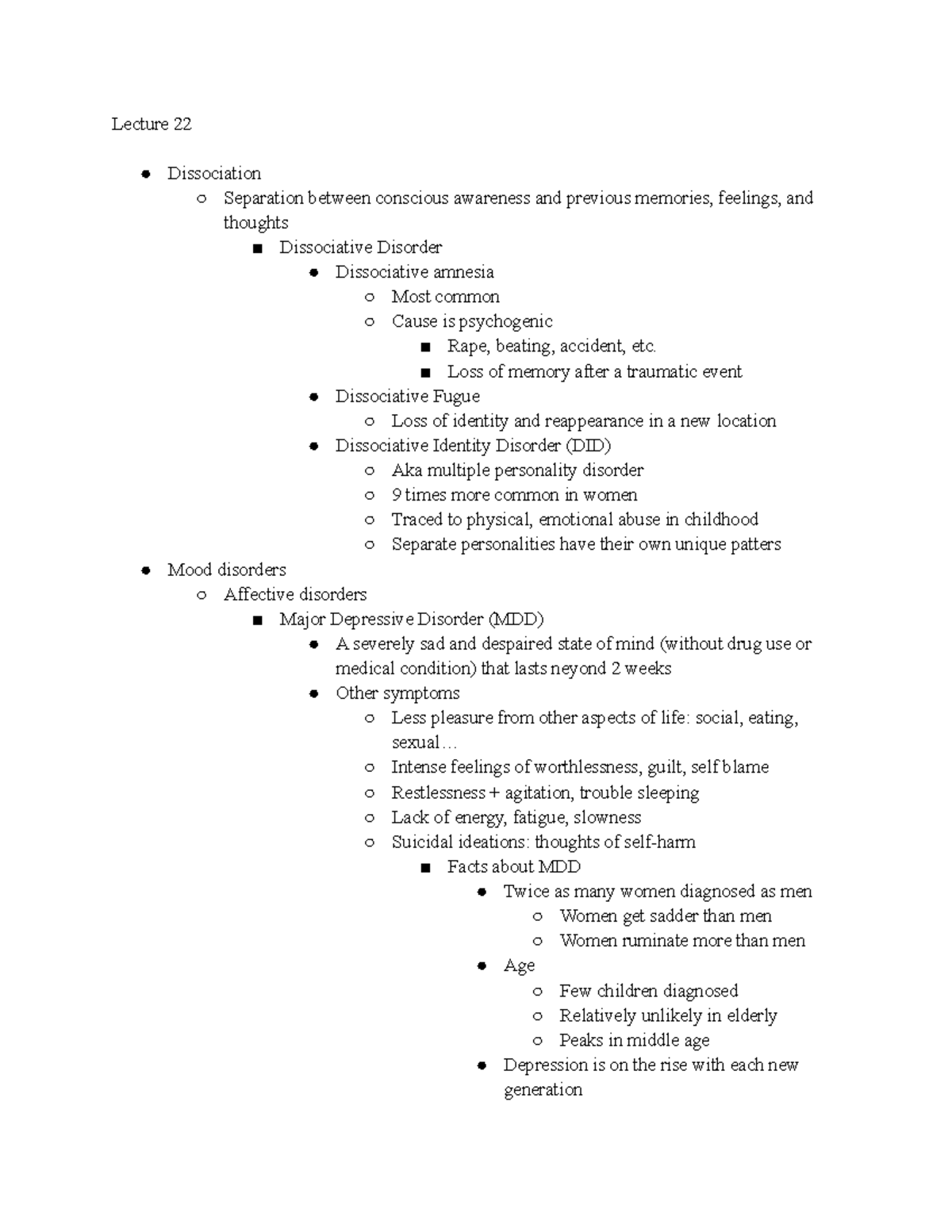 Lecture 22 - This discusses more psychological disorders in Bob Malera's class - Lecture 22 ...