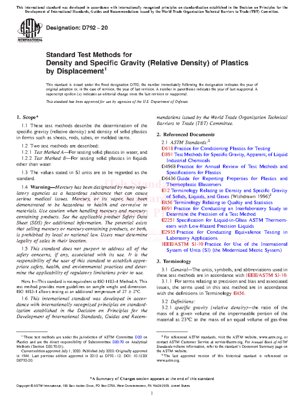 ASTM D792-20 Densidad DE Solidos - Designation: D792 − 20 Standard Test ...
