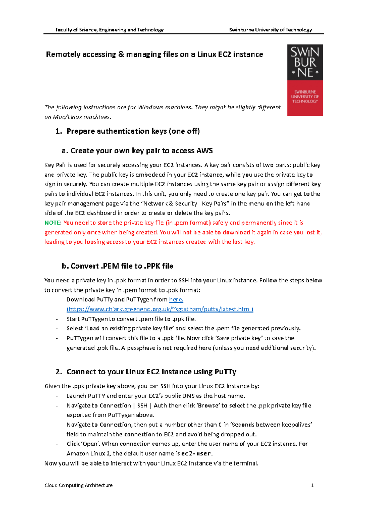 Remote Access to an EC2 - Faculty of Science, Engineering and Technology Swinburne University of ...