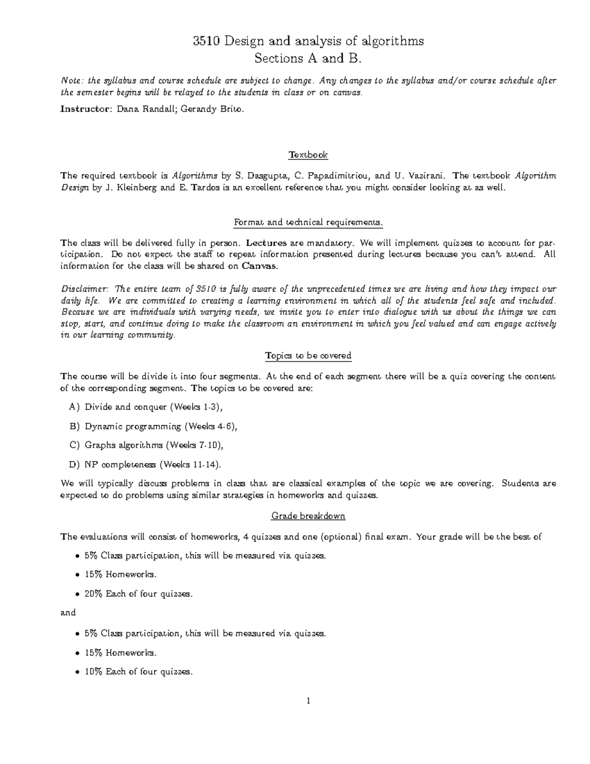 Syllabus 3510 Design And Analysis Of Algorithms Sections A And B