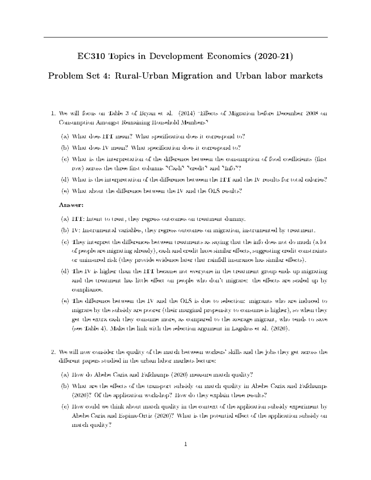 EC310 Problem Set 4 Solutions - EC310 Topics in Development Economics (2020-21) Problem Set 4 ...