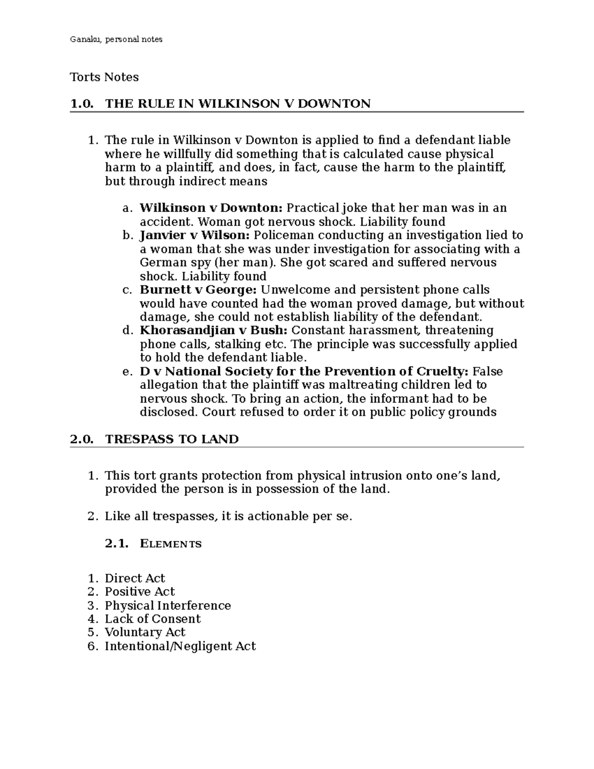 Ganaku's Files - Ganaku's Notes on Torts (Wilkinson to Defamation ...