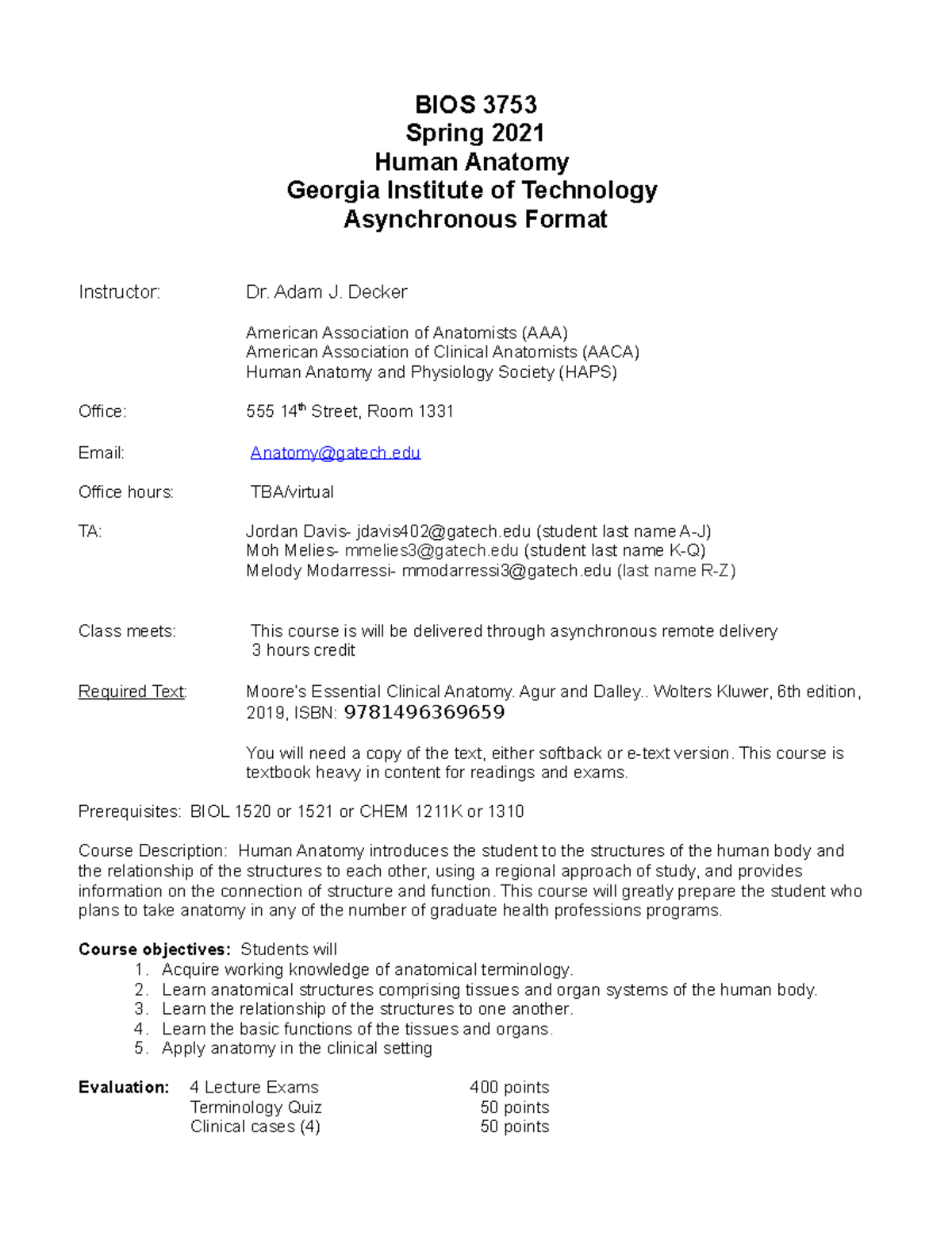 Human Anatomy Syllabus Spring 2021 (4)-1 - BIOS 3753 Spring 2021 Human ...