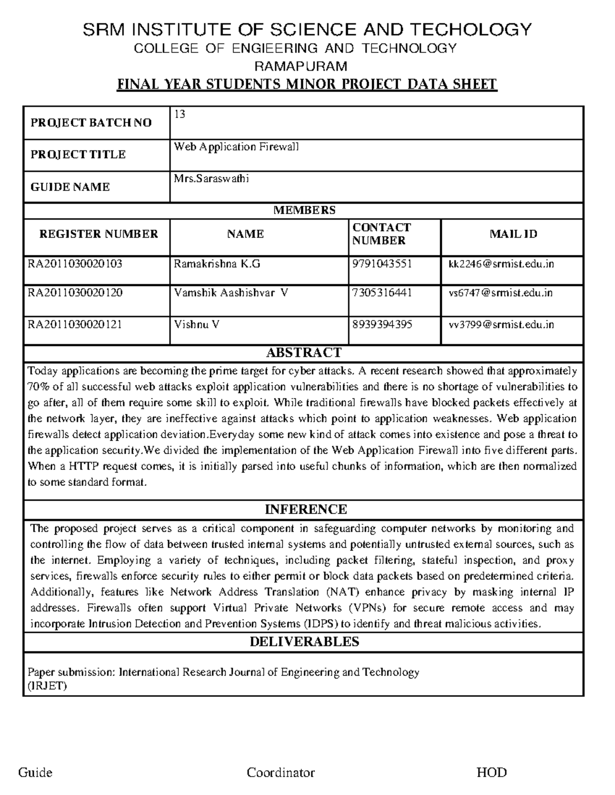 Project Data Sheet Odd 2023 - SRM INSTITUTE OF SCIENCE AND TECHOLOGY ...
