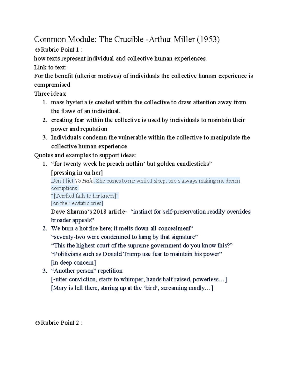 English Essay Plans - Common Module: The Crucible -Arthur Miller (1953 ...