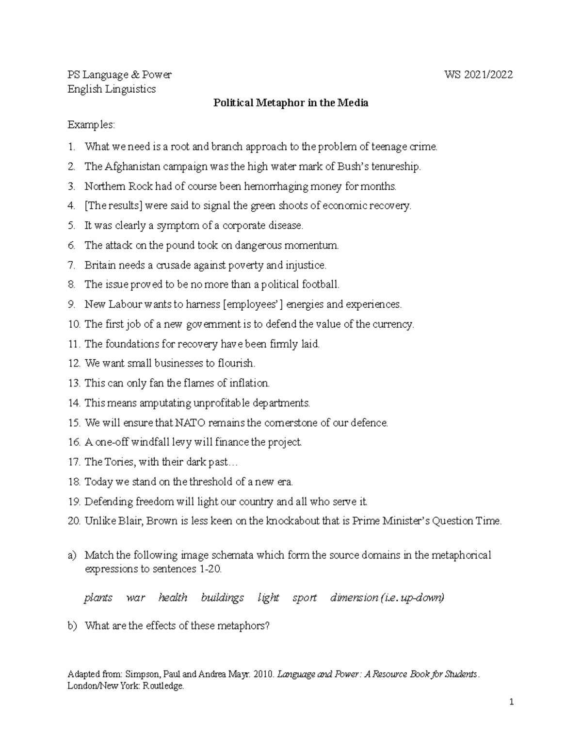 Exercises metaphor in political discourse - PS Language & Power WS 2021 ...