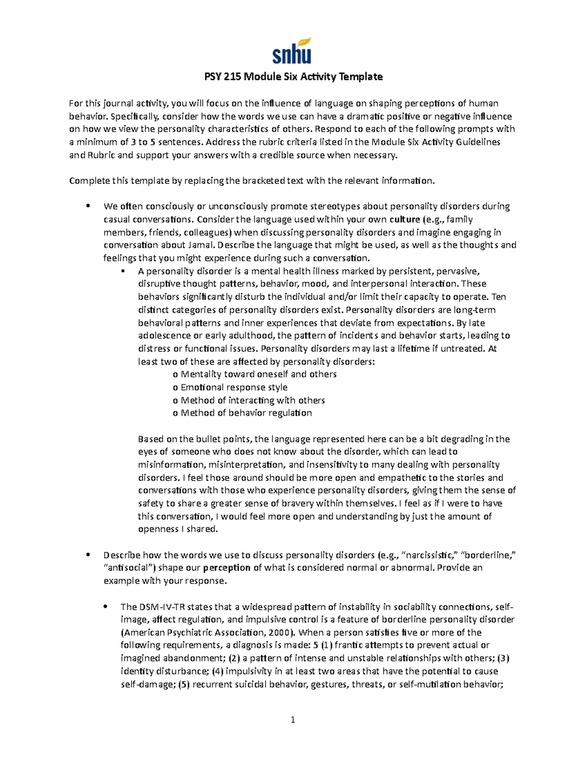 PSY 215 Module Six Activity Template - PSY 215 Module Six Activity ...