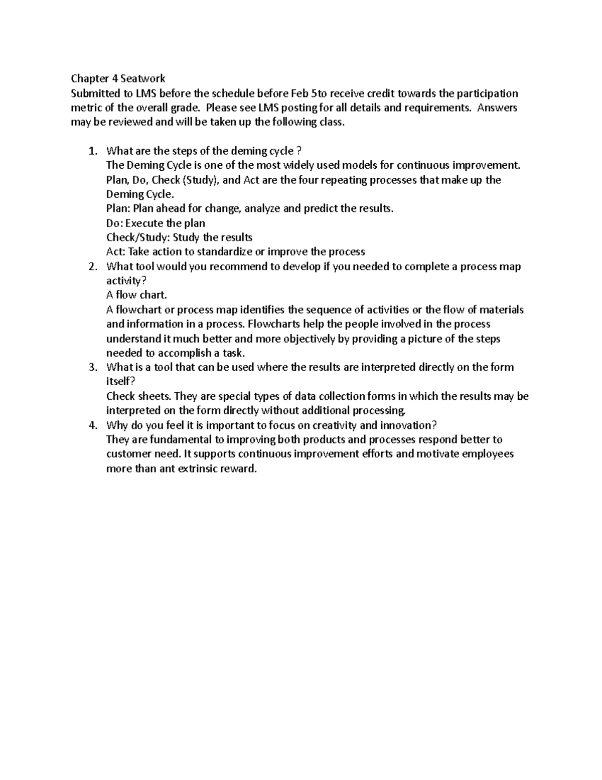 Chapter 4 Seatwork - Total Quality Management - Chapter 4 Seatwork Submitted to LMS before the ...