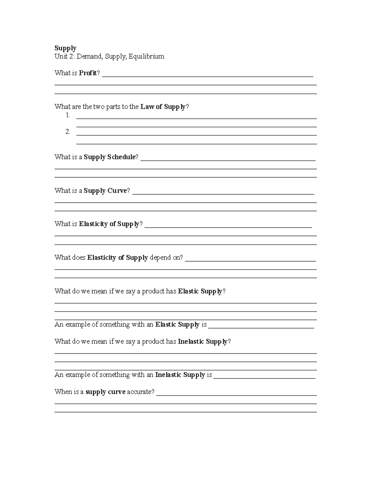 Supply N - This is coursework for Intro. To Economics. - Supply Unit 2 ...