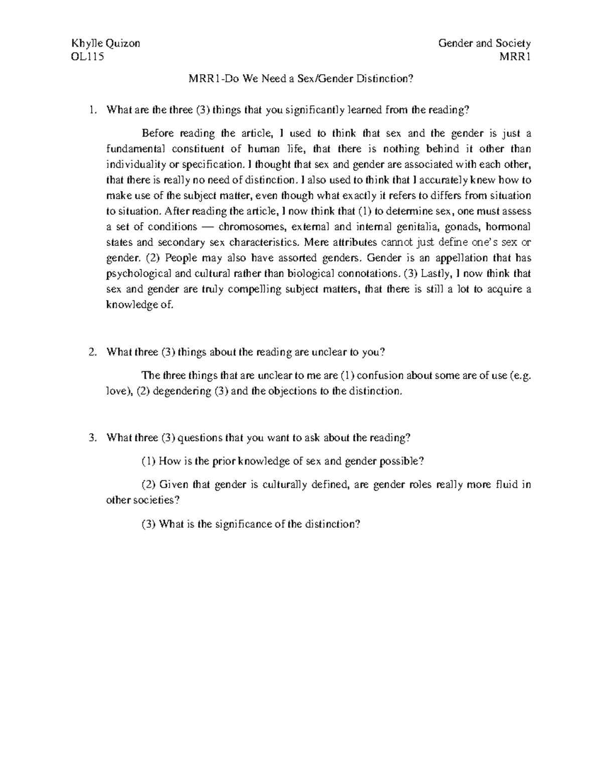 MRR1 GED109 - Grade: A - Khylle Quizon Gender and Society OL115 MRR MRR1-Do We Need a Sex/Gender ...