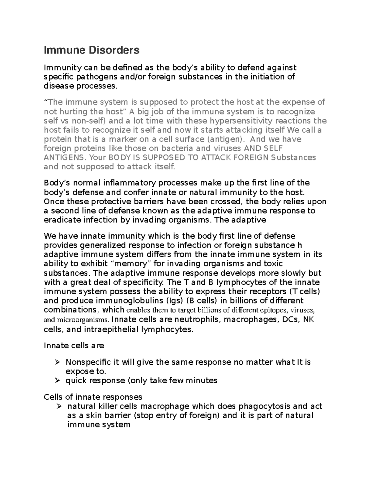 Pathophysiology Notes Immune Disorders - Immune Disorders Immunity can ...