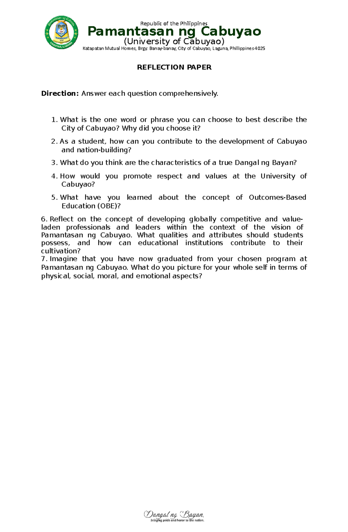 Reflection- Paper - Republic of the Philippines Pamantasan ng Cabuyao ...