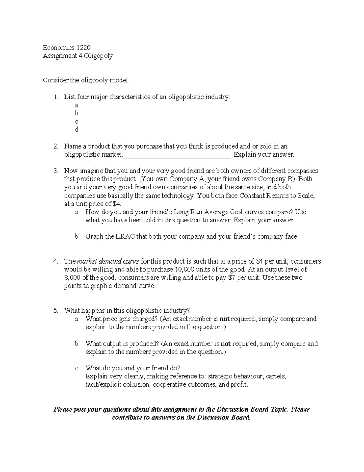 ASG 4 Oligopoly Worksheet - Economics 1220 Assignment 4 Oligopoly ...