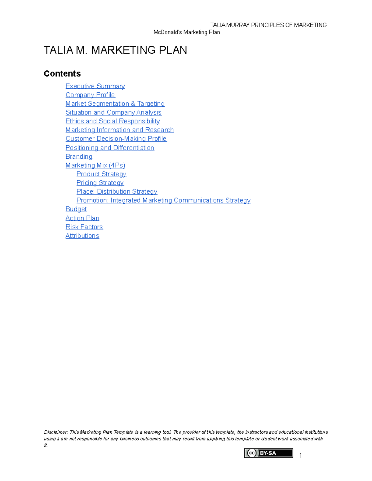 TM Ex MKT Plan - Marketing Plan assignment - McDonald’s Marketing Plan ...