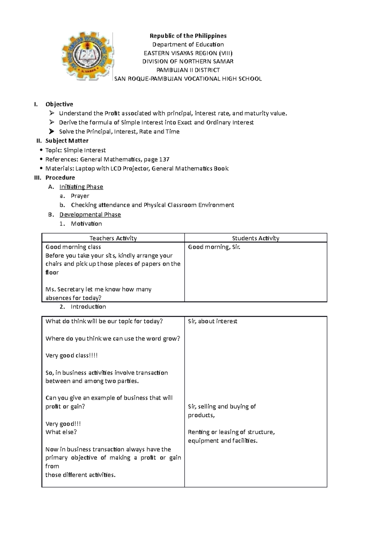 Lesson plan - Republic of the Philippines Department of Education ...