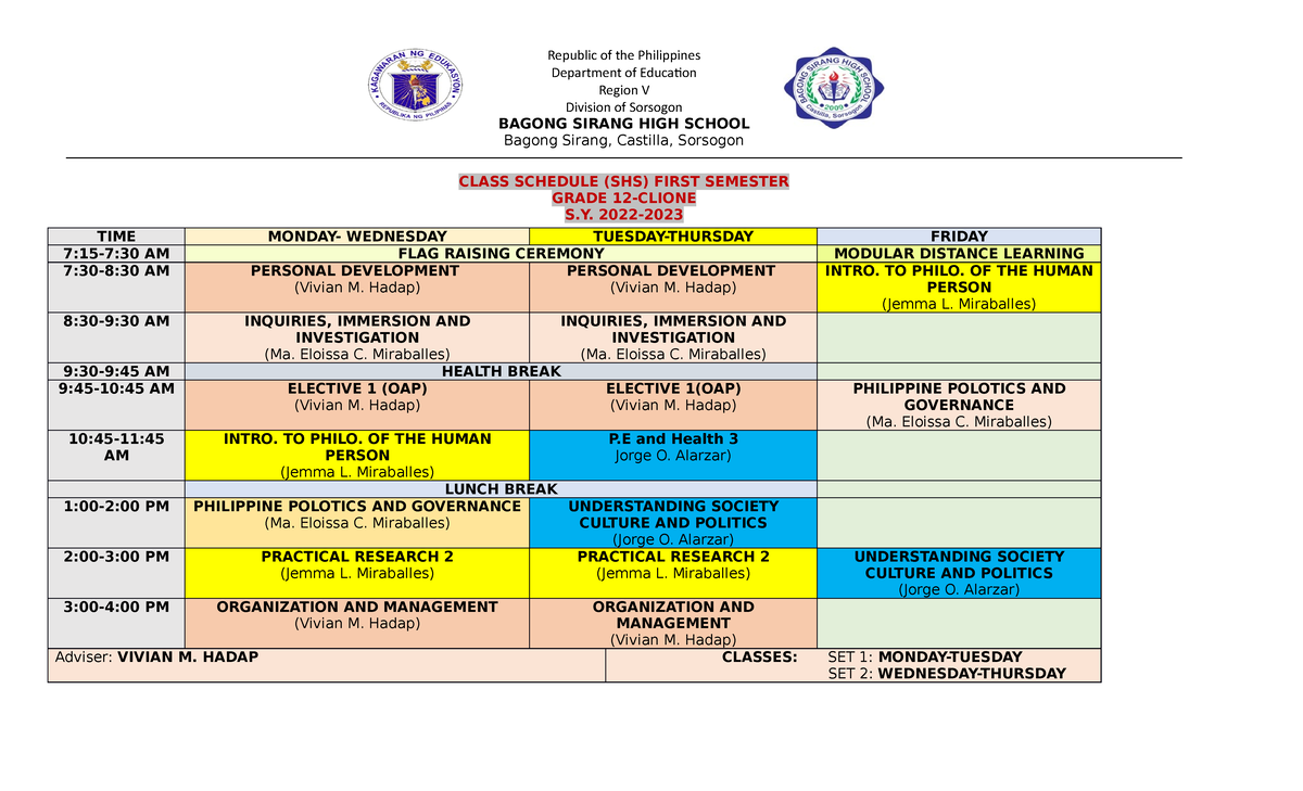 SET1SET2 class schedule SHS S - Republic of the Philippines Department ...
