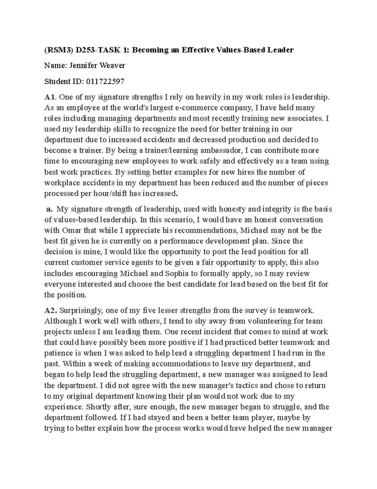 D253 task 1 final - D253 task 1 - (RSM3) D253-TASK 1: Becoming an ...