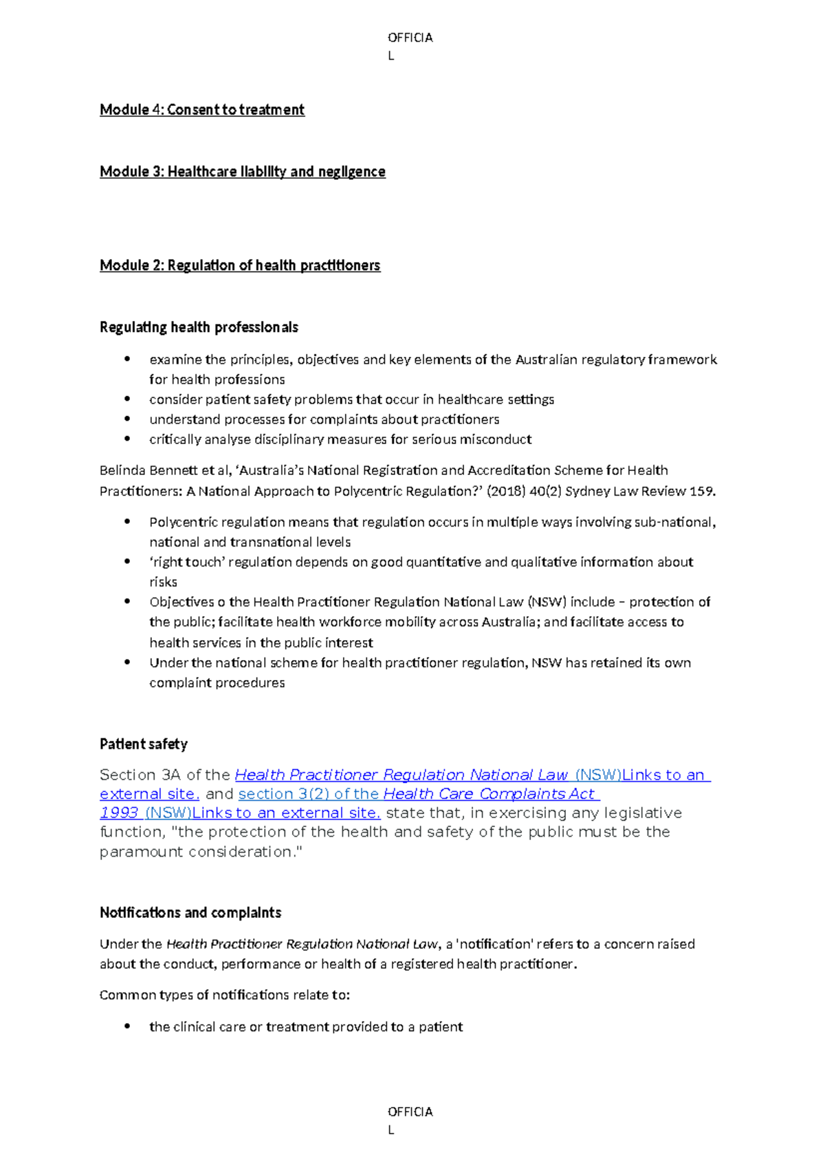 Law and Medicine Notes - L OFFICIA Module 4: Consent to treatment ...