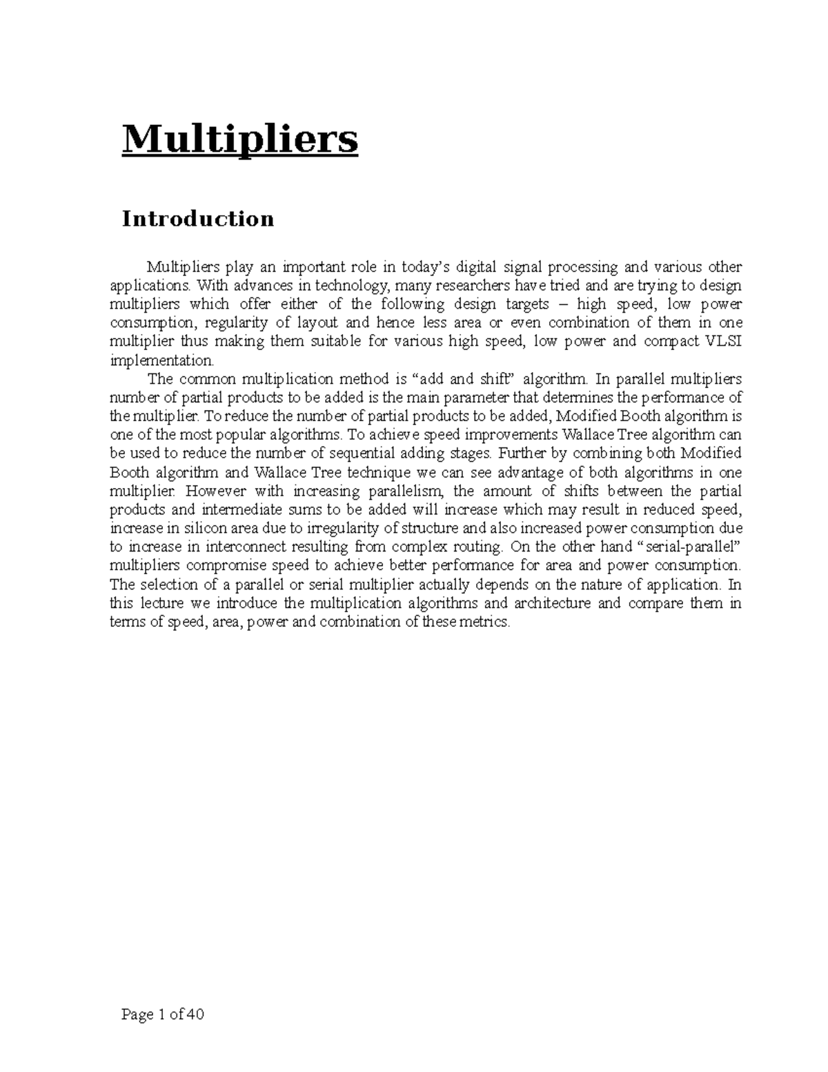 L3 Notes - COEN 212 - Multipliers Introduction Multipliers play an ...
