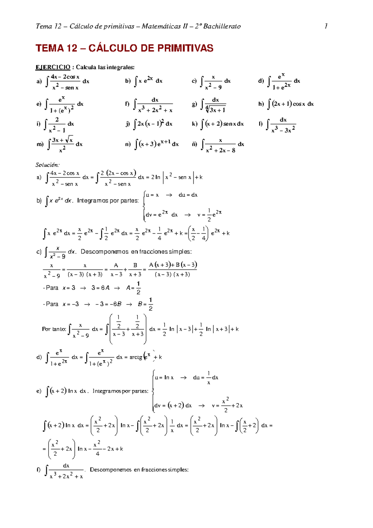 Ejercicios Integrales - Tema 12 – Cálculo de primitivas – Matemáticas ...