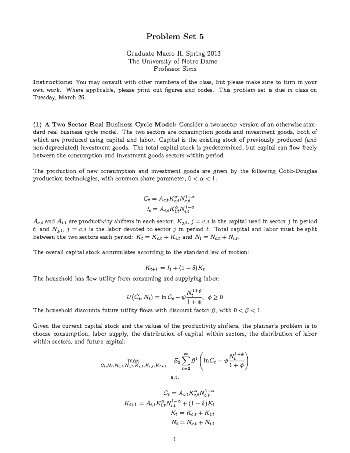 Problem set 5 spring 2013 - Problem Set 5 Graduate Macro II, Spring ...
