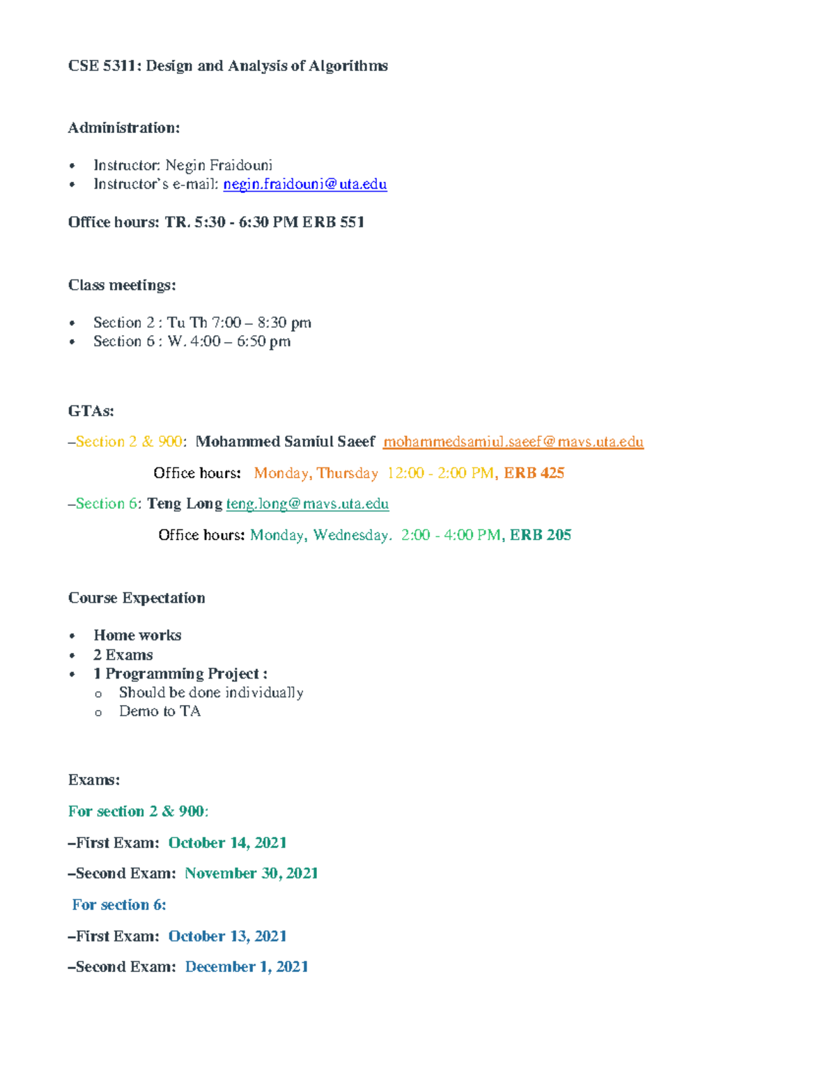 Cse 5311 Syllabus 1 Cse 5311 Design And Analysis Of Algorithms Administration Instructor