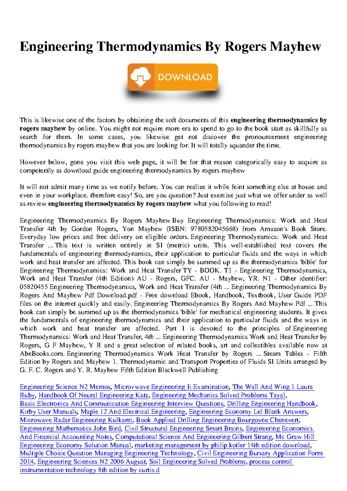Engineering Thermodynamics By Rogers Mayhew - You might not require ...