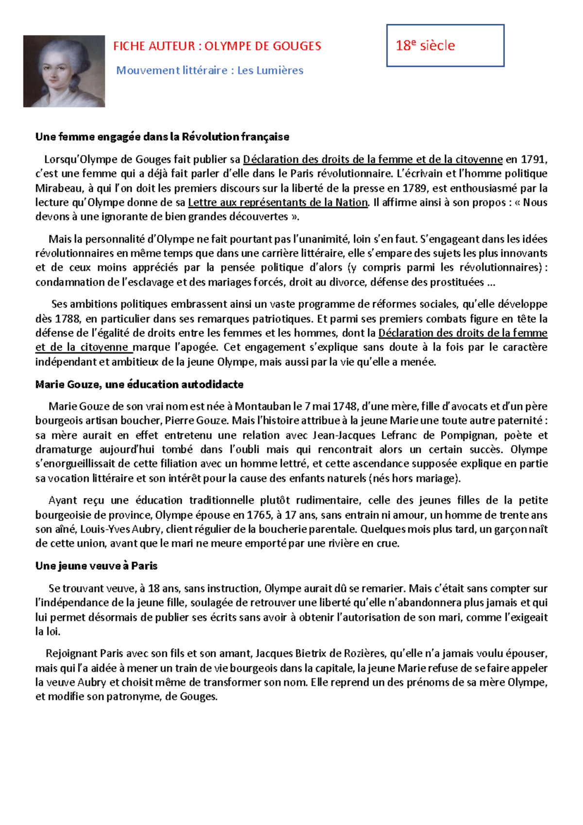 Fiche auteur Olympe de Gouges - FICHE AUTEUR : OLYMPE DE GOUGES 18 e ...