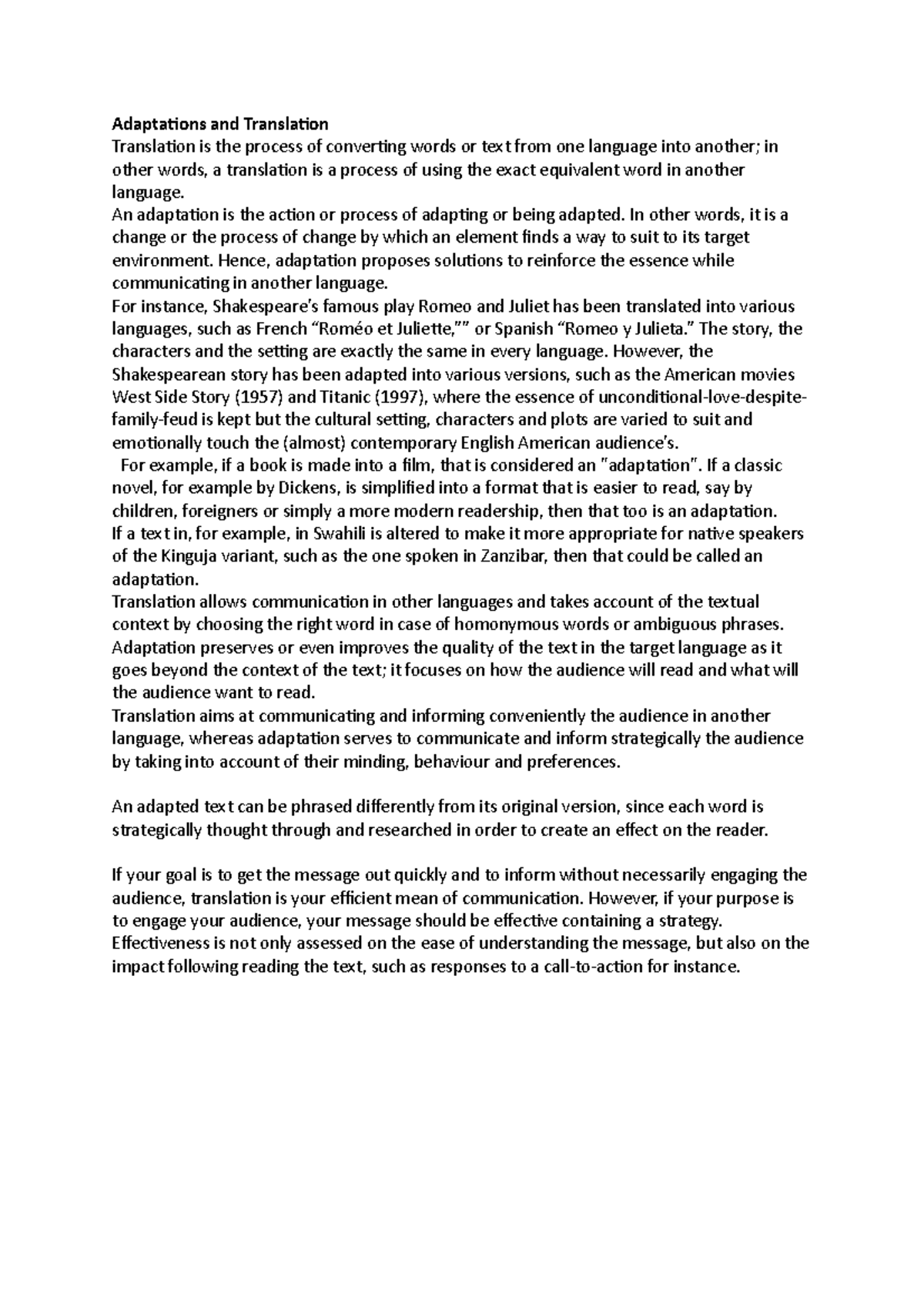Adaptations and Translation - Adaptations and Translation Translation ...
