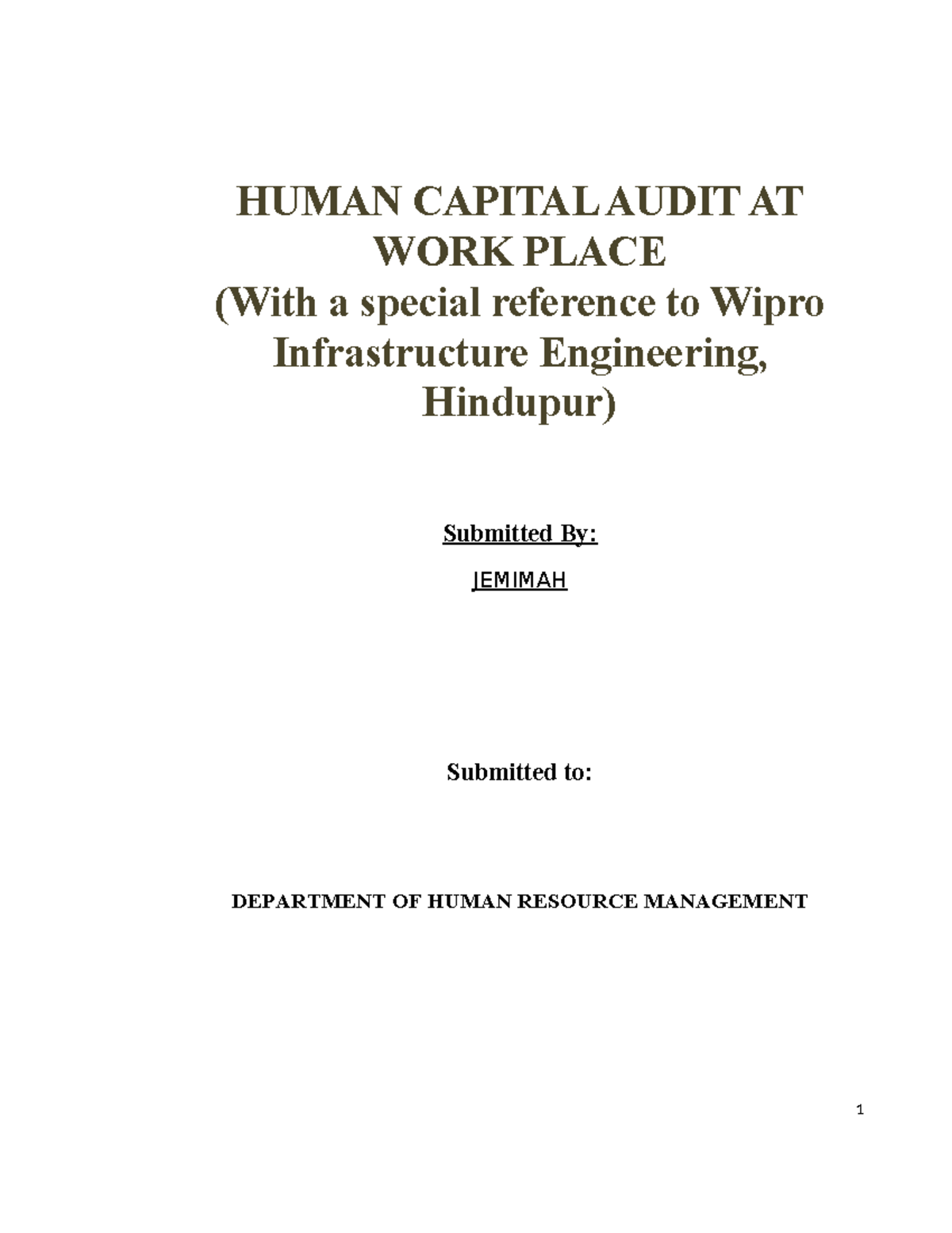 Project Report Sample Format - HUMAN CAPITAL AUDIT AT WORK PLACE (With ...