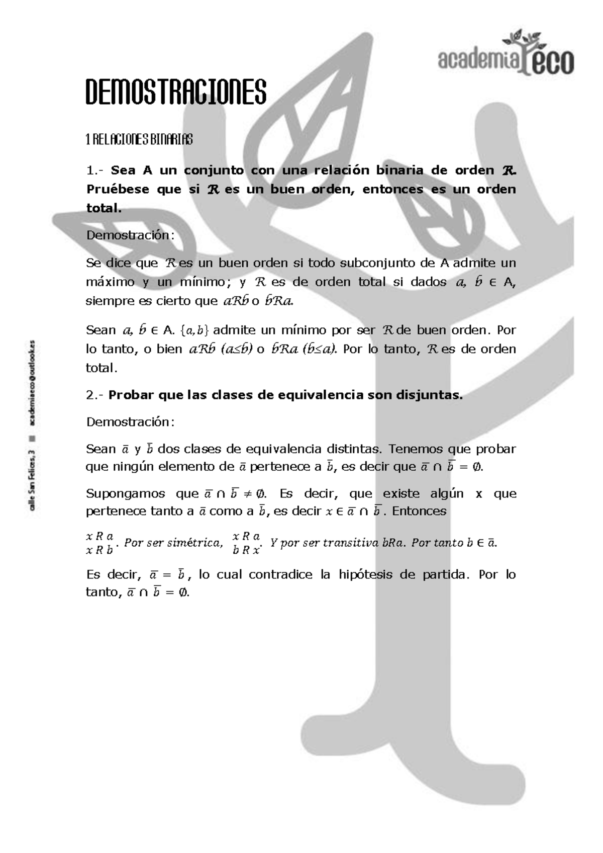 Demostraciones álgebra - DEMOSTRACIONES 1 RELACIONES BINARIAS 1.- Sea A ...