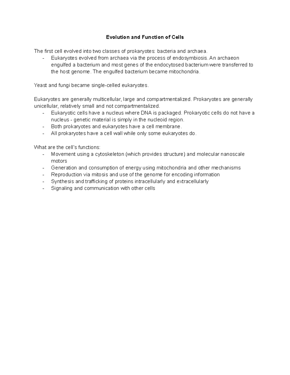 Cell Biology (BI203) Chapter 1 - Evolution and Function of Cells The ...